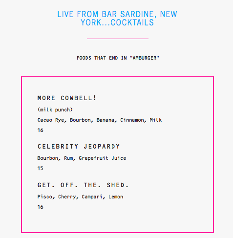 Bar Sardine Debuts SNL-Inspired Cocktail Menu
